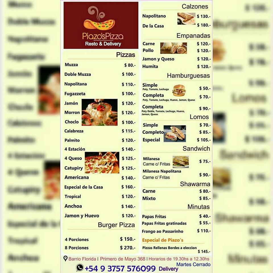 Menu at Piazo's Pizza Resto & Delivery restaurant, Puerto Iguazú, Calle ...