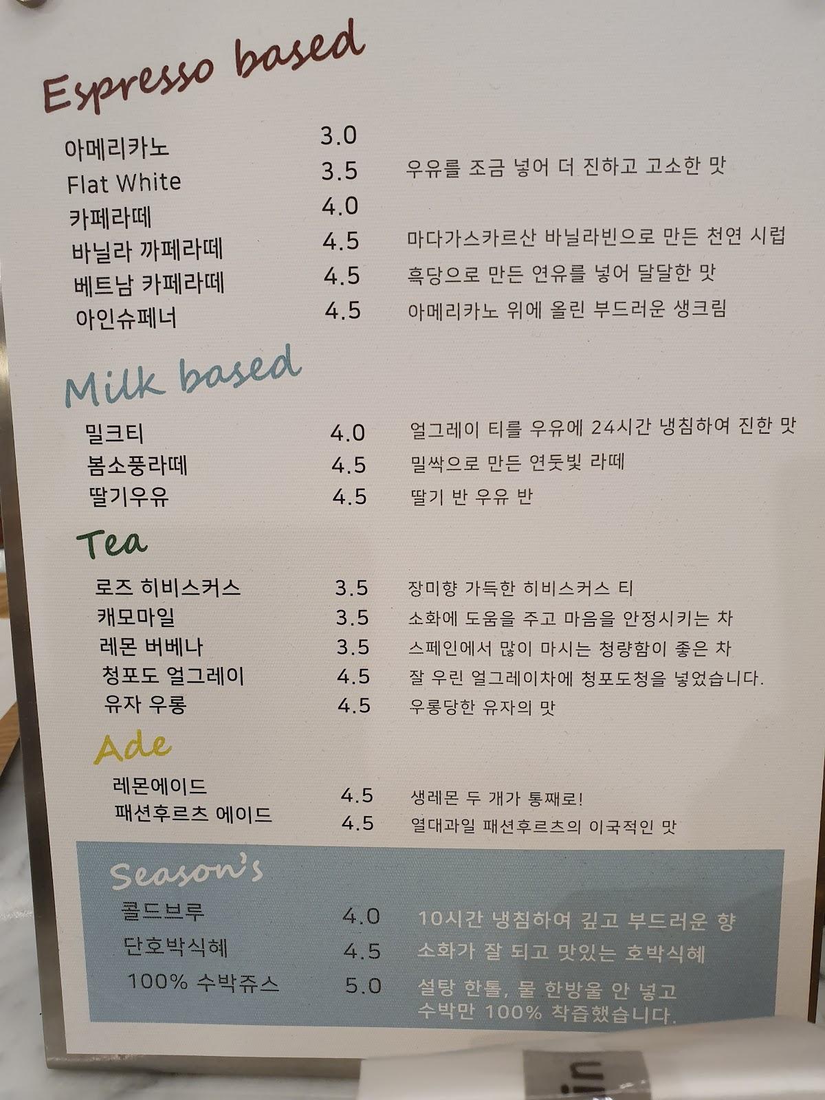 Menu at Plain, Seoul, 54 Sajik-dong