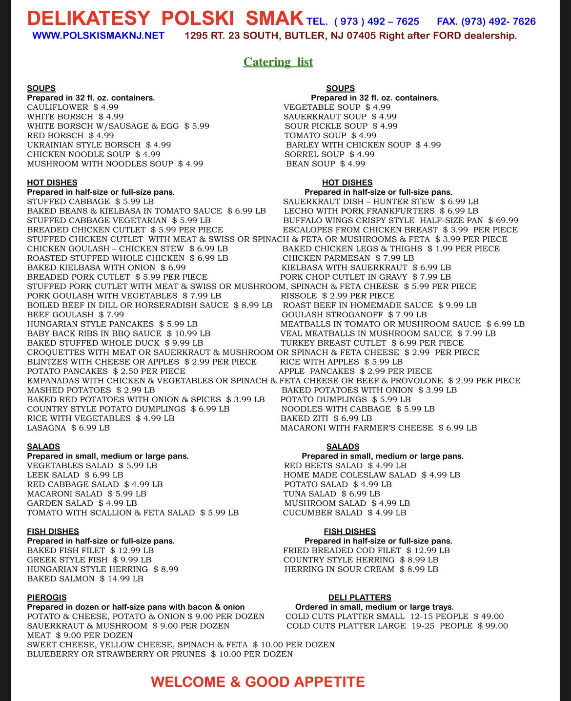 Menu at Polski Smak restaurant, Butler