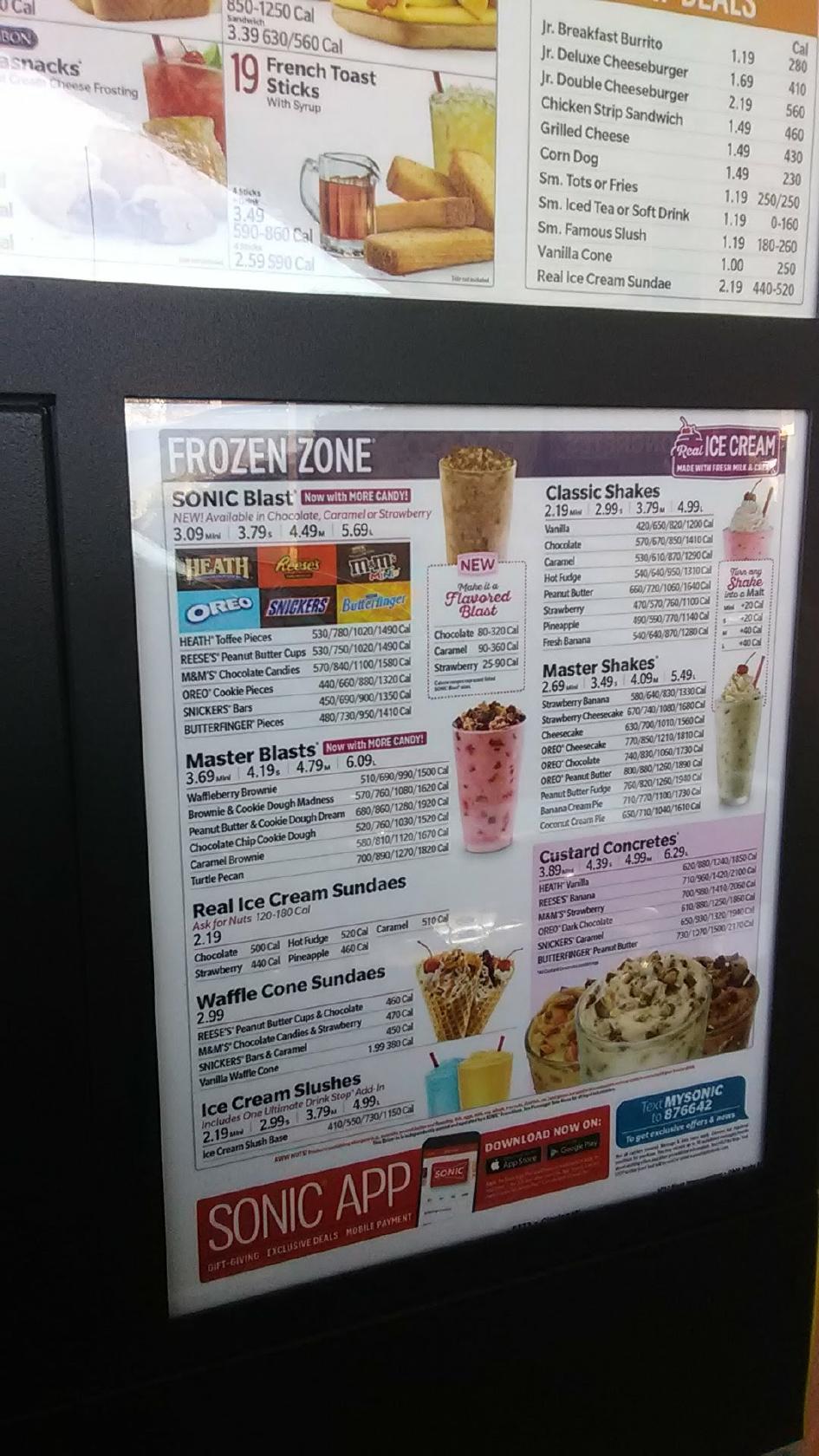 Menu at Sonic Drive-In fast food, Cincinnati, Eastgate Blvd