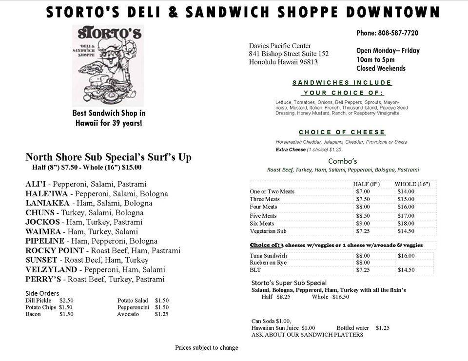 Menu at Storto's Deli & Sandwich Shoppe restaurant, Honolulu, 841 ...