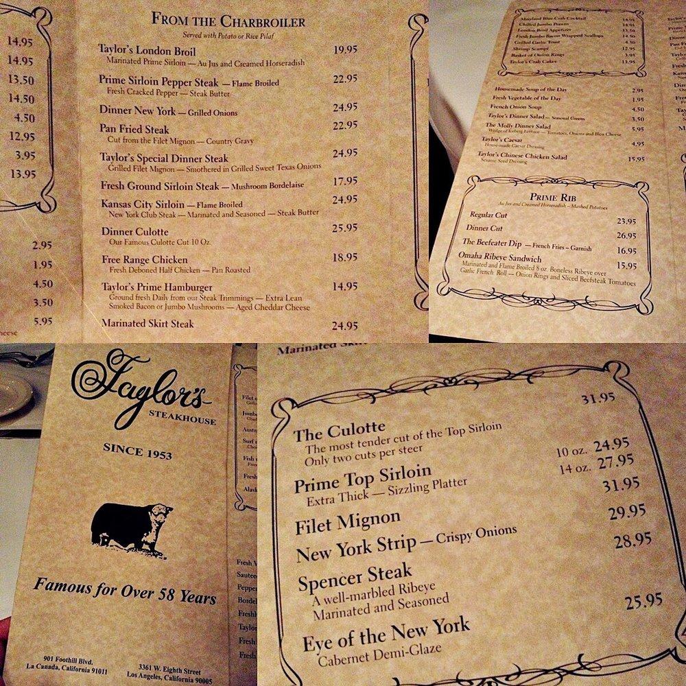 Menu at Taylor's Steak House steakhouse, Los Angeles