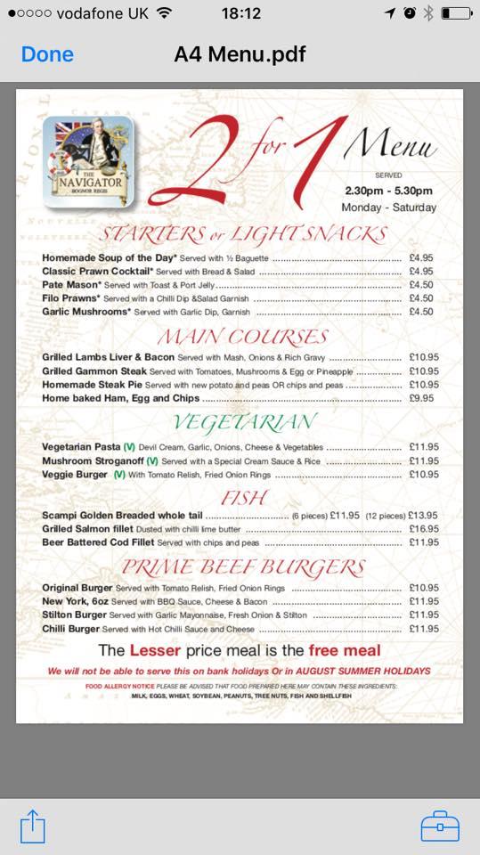 Menu at The Navigator Hotel pub & bar, Bognor Regis
