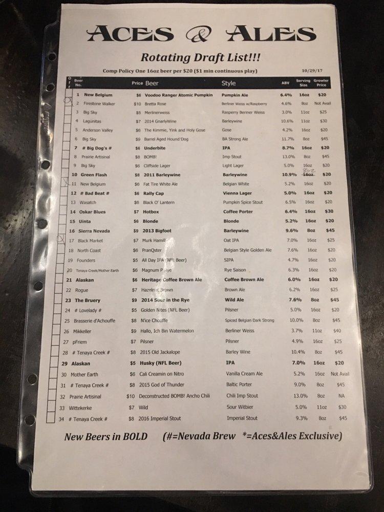 Menu at Aces & Ales restaurant, Las Vegas, N Tenaya Way