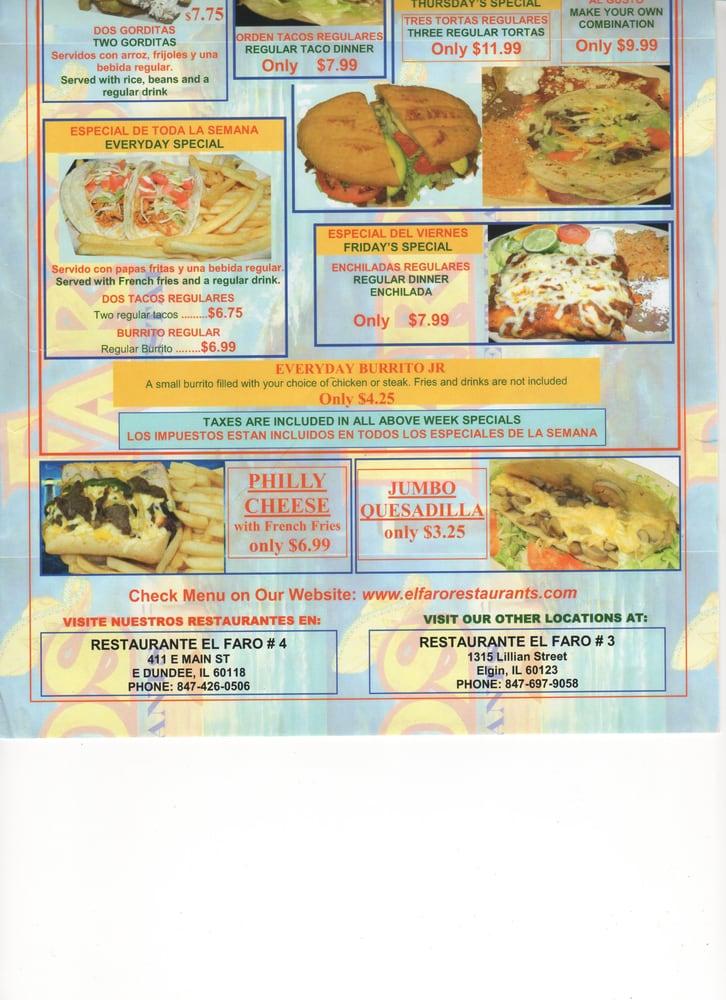 Menu at El Faro restaurant, East Dundee