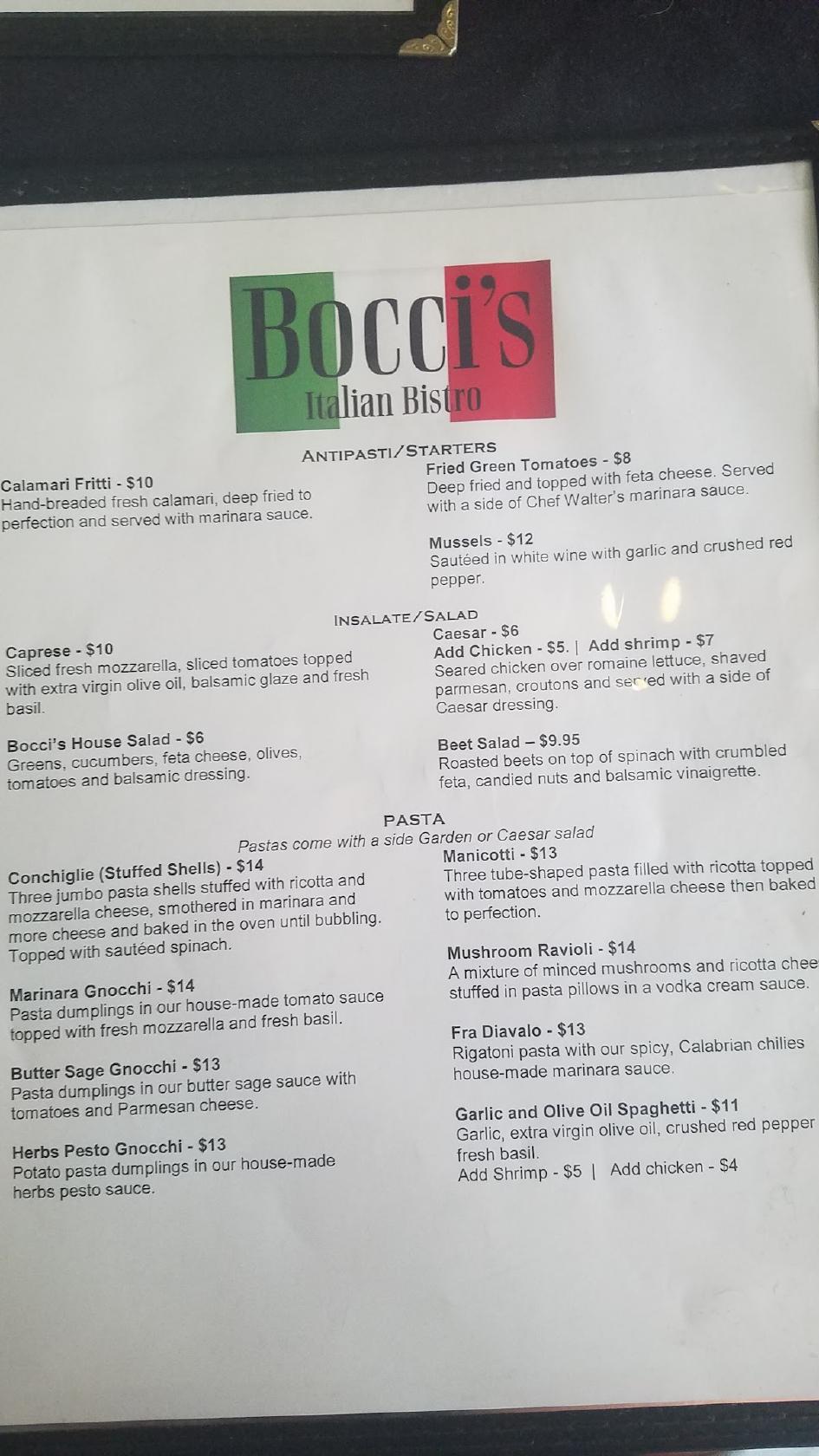 Menu at Bocci’s Italian Bistro on Bull pizzeria, Savannah
