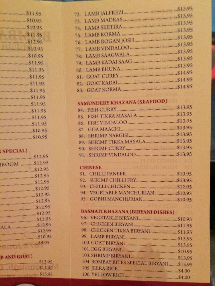 Menu at Bombay Bites restaurant, McDonough
