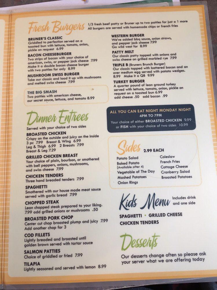 Menu at Bruner's Family Restaurant, Muncie