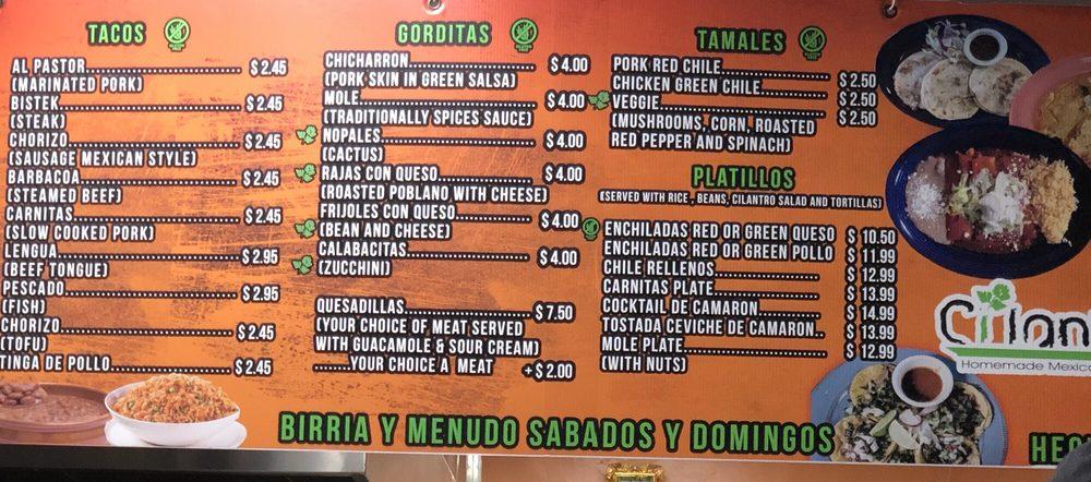 Menu at Cilantro Mexican Restaurant, Boulder