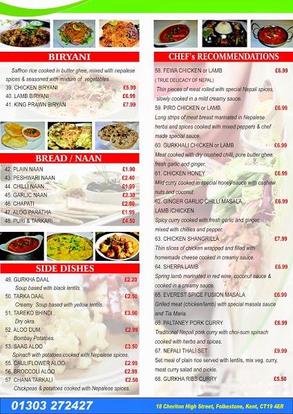 Menu at Everest Spice Fusion restaurant, Folkestone