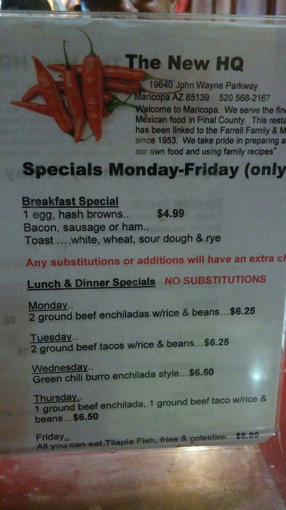 Menu at Headquarters Cafe, Maricopa, N Maricopa Rd
