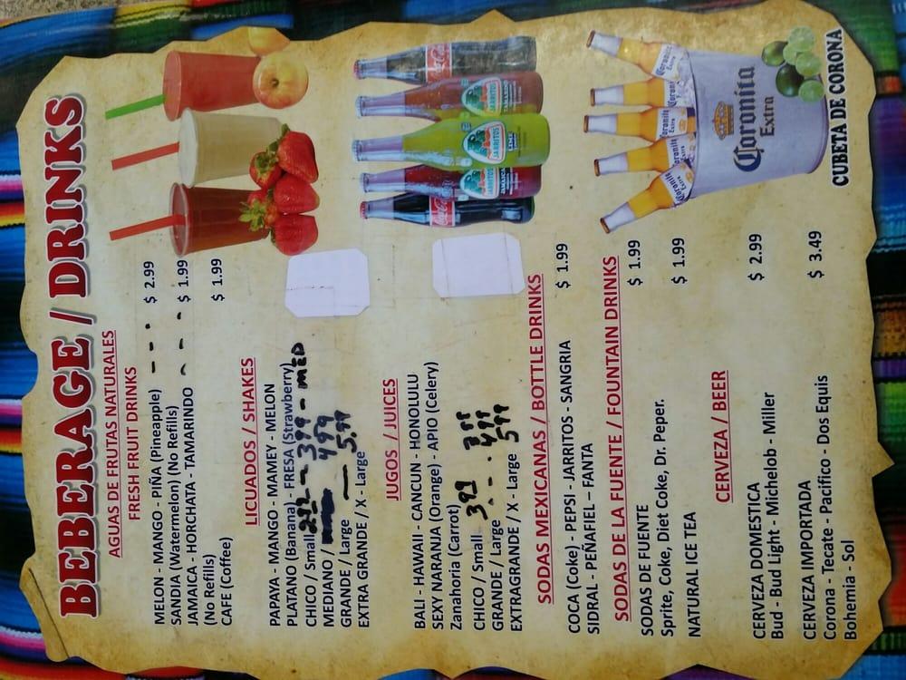 Menu at Jugos Vallarta restaurant, Corona