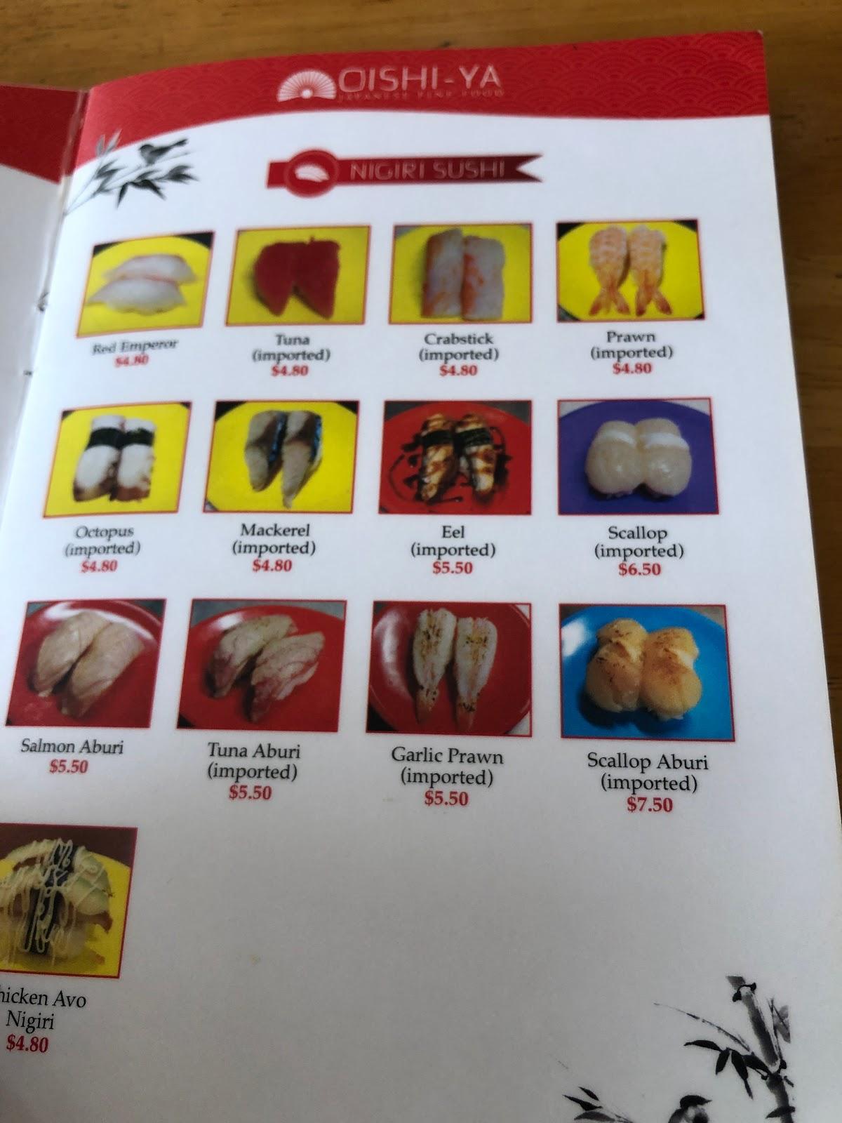 Menu at Oishi Ya Japanese: Sushi Train restaurant, Darwin City
