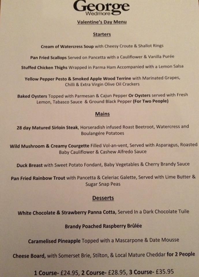 Carta del pub y bar The George, Wedmore