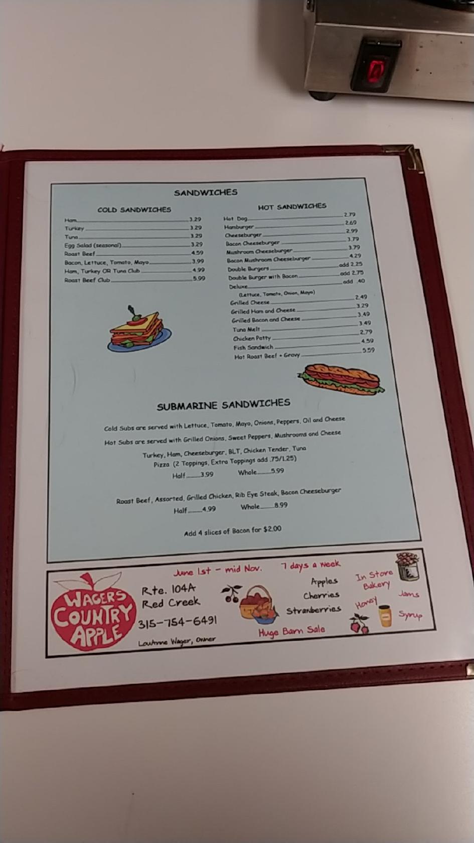Menu at 104 Store restaurant, Red Creek