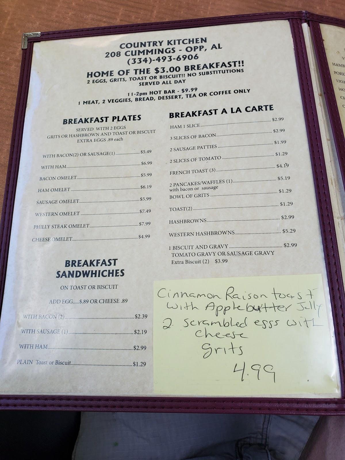 Menu at Country Kitchen steakhouse, Opp