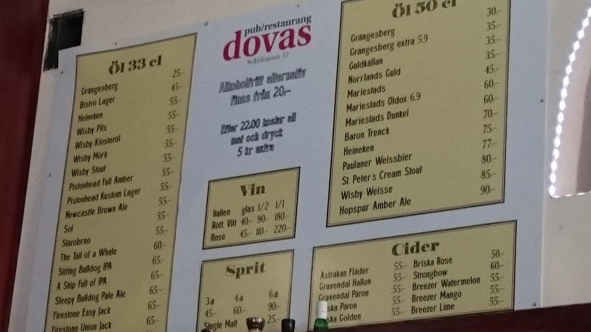 Menu at Dovas D. pub & bar, Stockholm, Sankt Eriksgatan 53