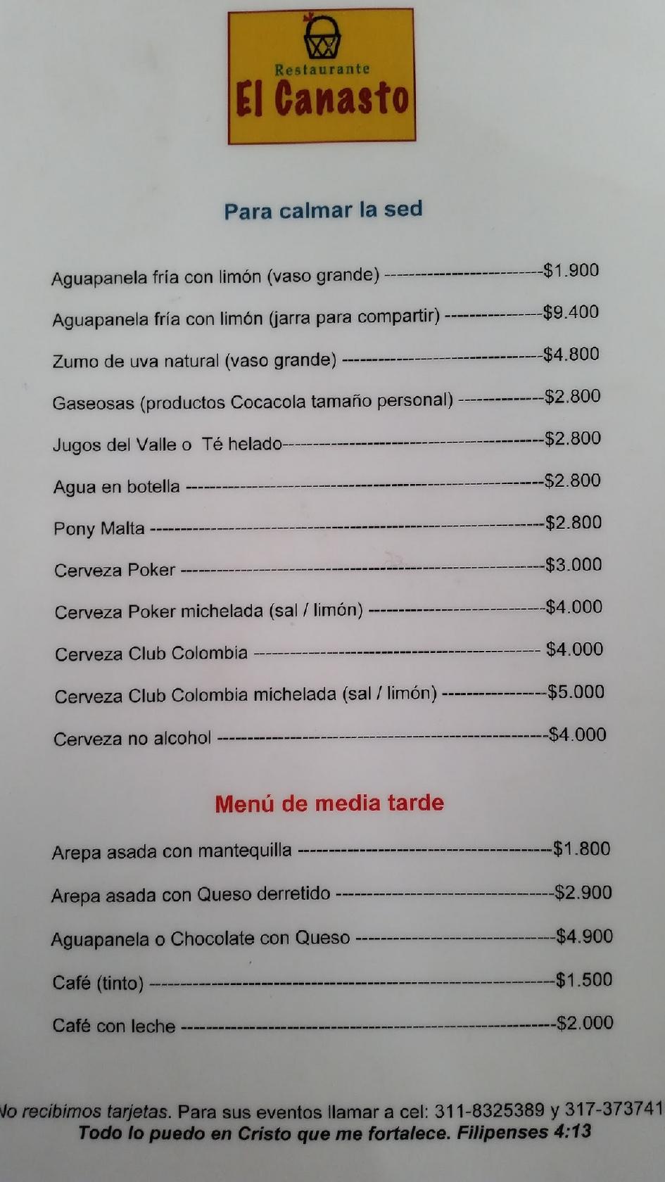 Menu at El Canasto restaurant, Colombia, Dagua - Cali