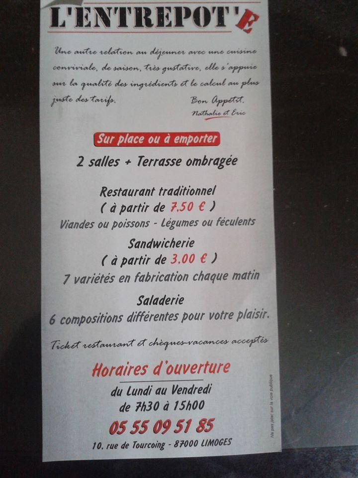 Menu at L'Entrepot'e restaurant, Limoges