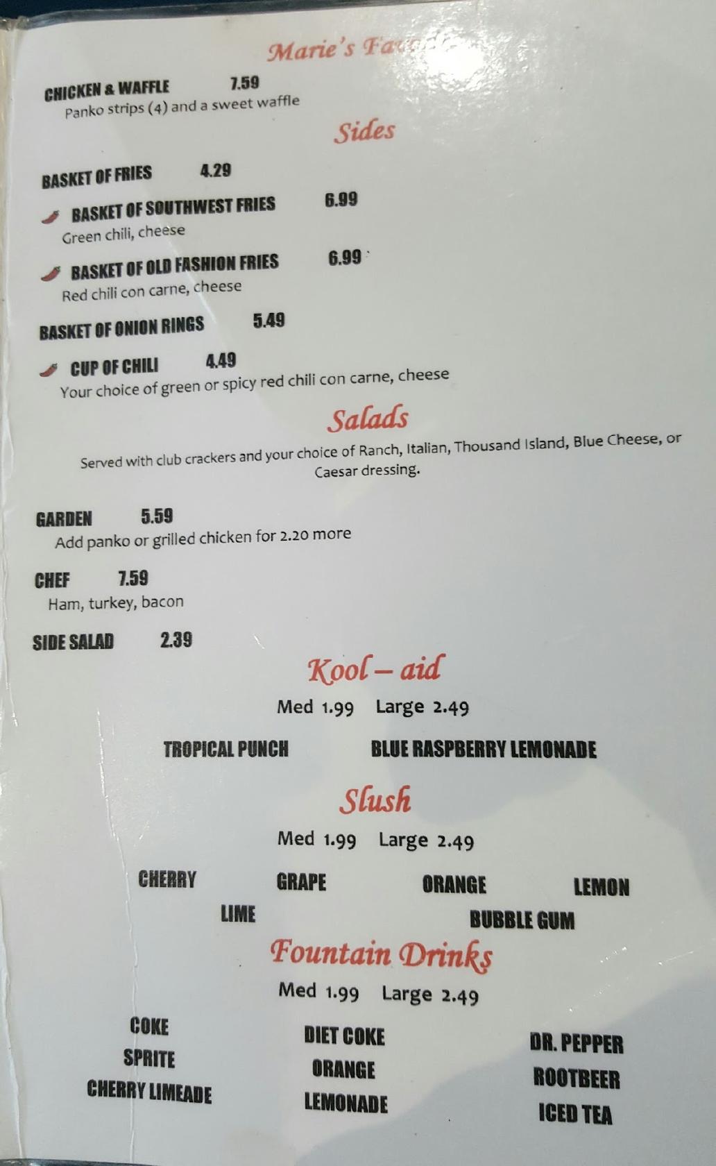 Menu at Marie's restaurant, Pueblo West