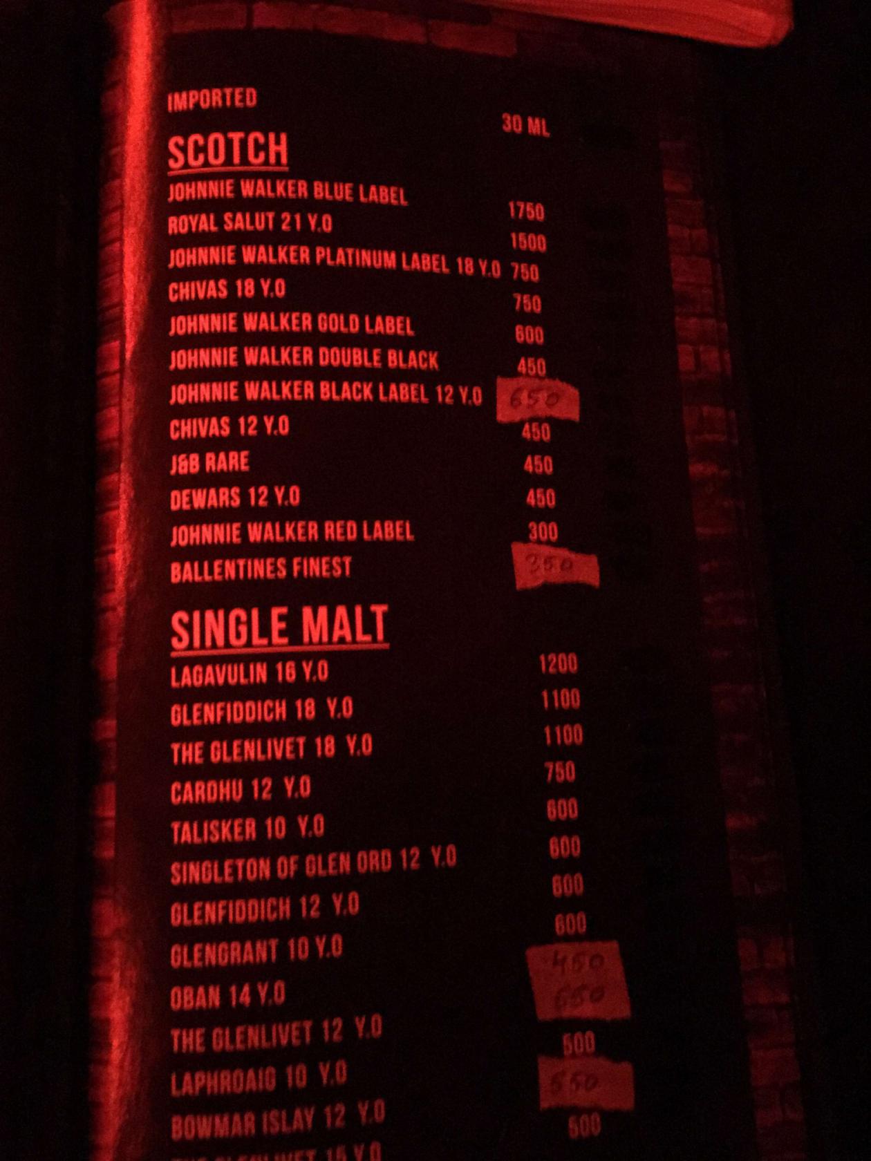 Menu at TOT, Hyderabad