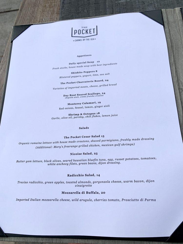 Menu at The Pocket restaurant, Carmel-by-the-Sea