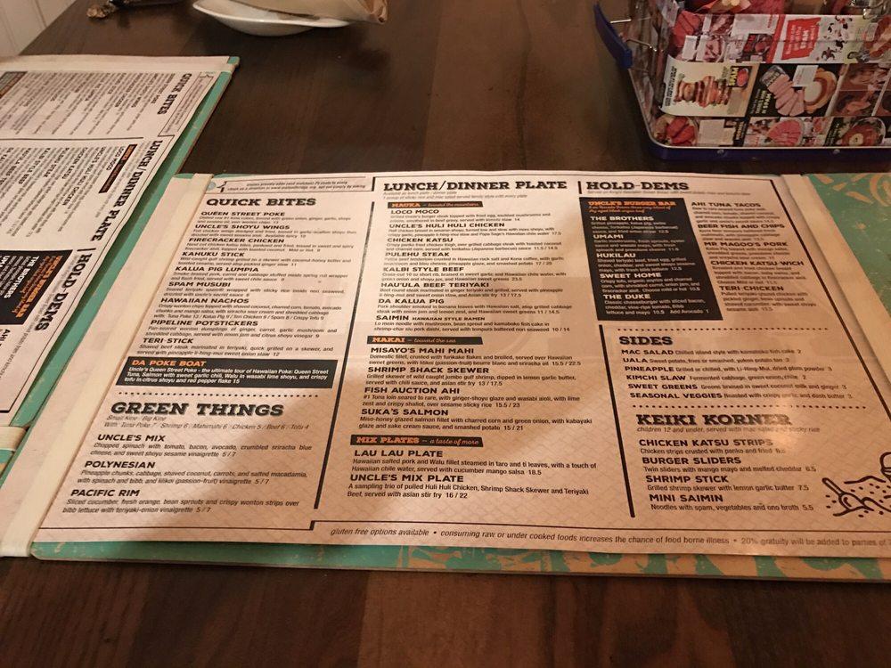 Menu at Uncle's Hawaiian Grindz pub & bar, Fallston