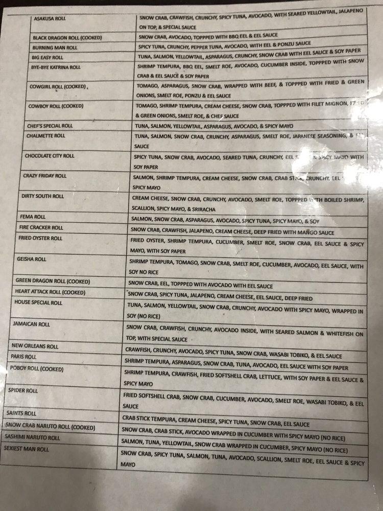 Menu at ASAKUSA LLC restaurant, Chalmette