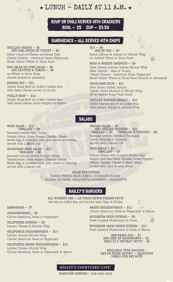 Menu at Bailey's Courtyard Cafe, Hibbing