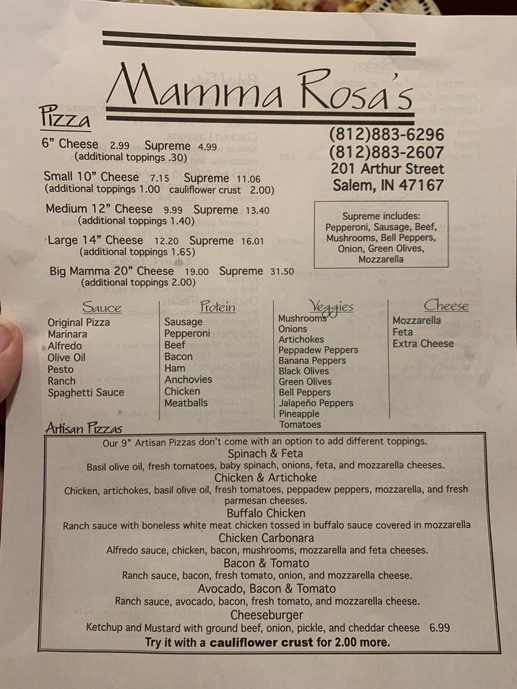 Menu at Mamma Rosa's pizzeria, Salem