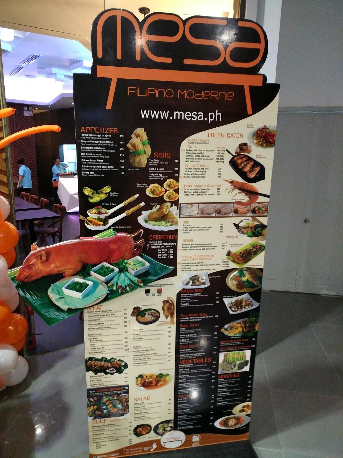 Menu at Mesa restaurant, San Pablo City, 173 Pan-Philippine Hwy