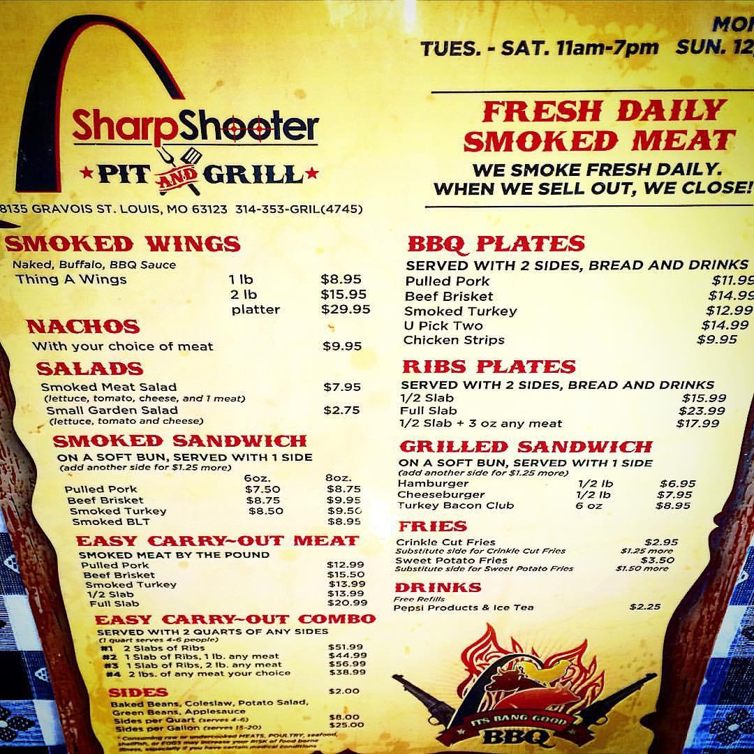 Menu at Sharpshooter's Pit and Grill BBQ, St. Louis
