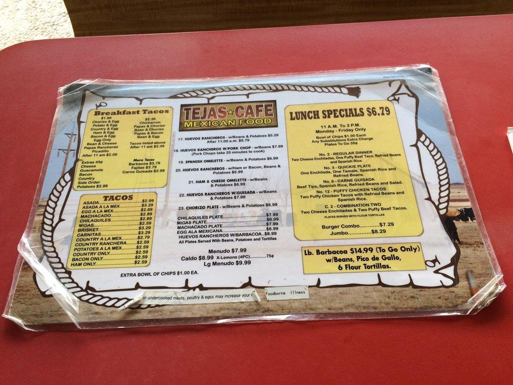 Menu at Tejas Cafe, San Antonio, O'Connor Rd