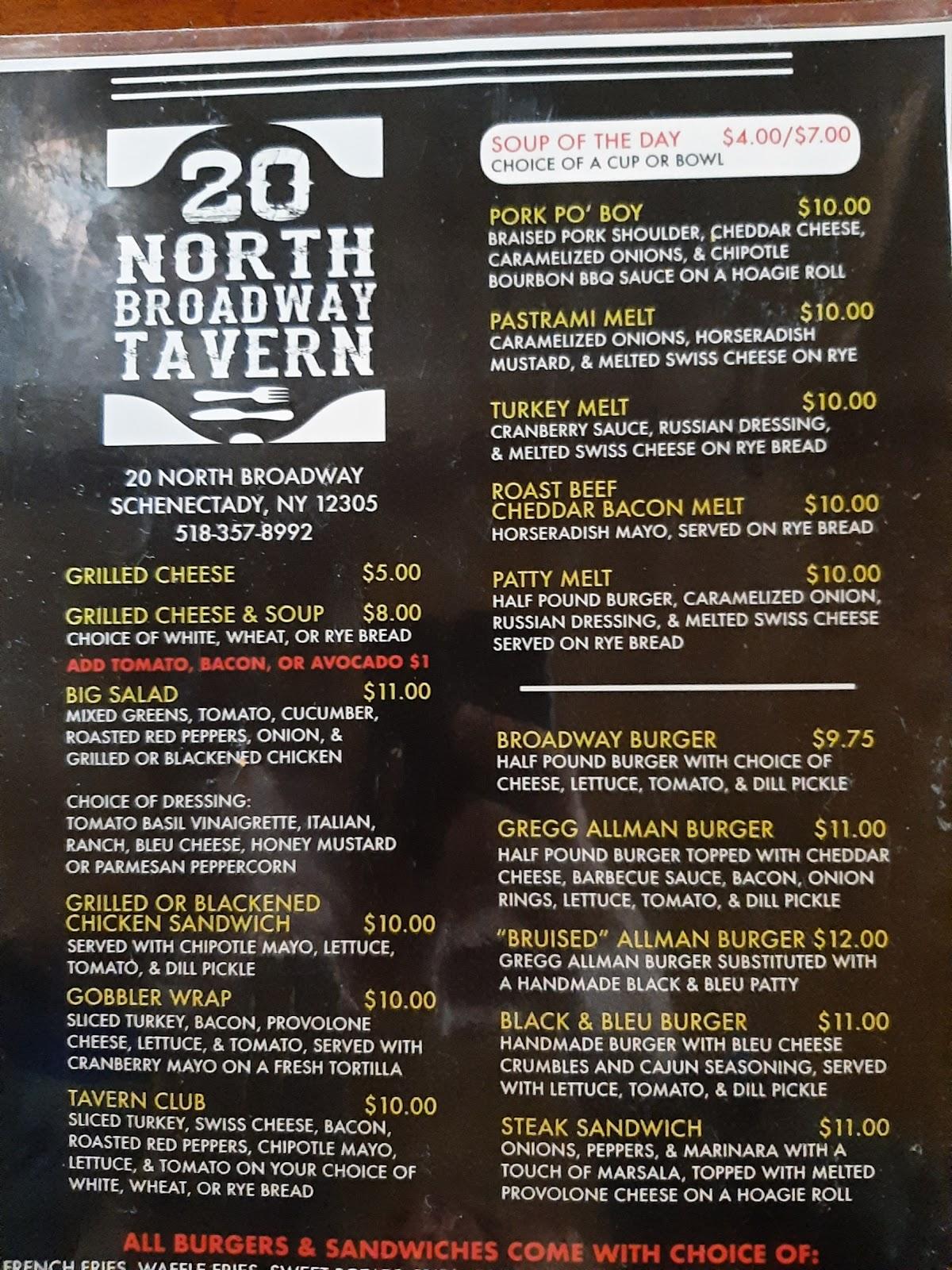 Menu at 20 North Broadway Tavern pub & bar, Schenectady