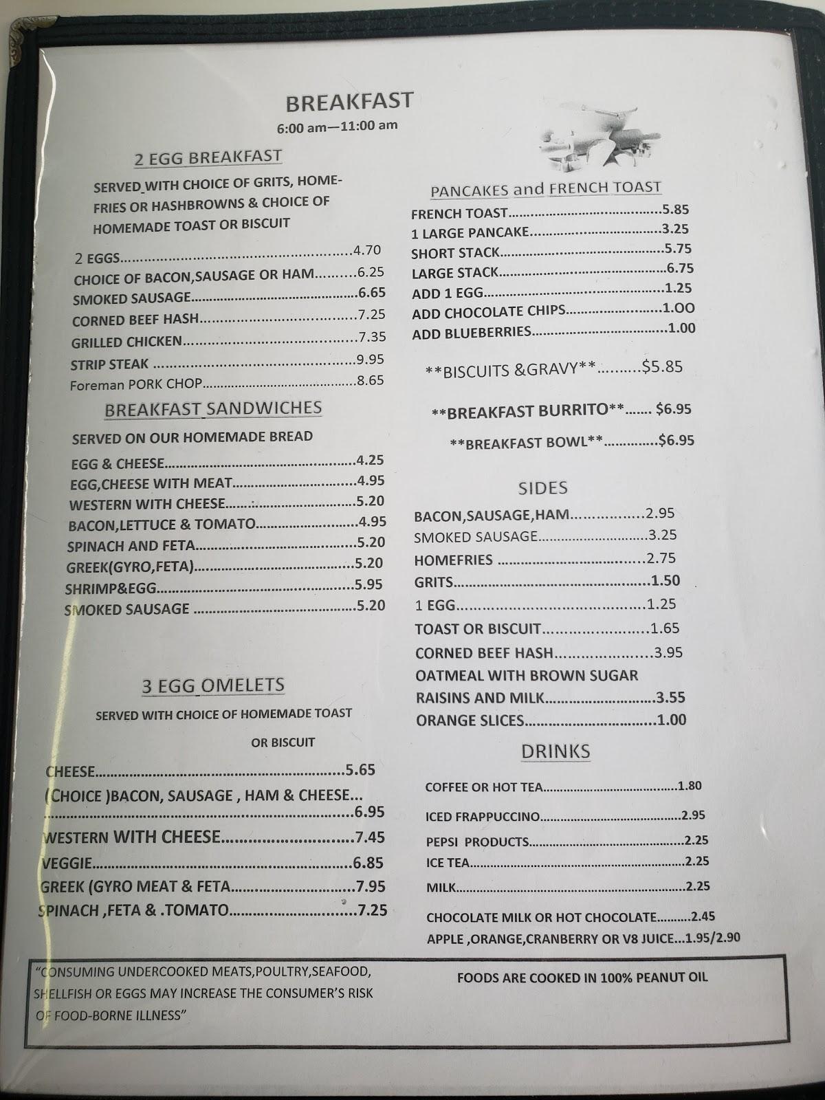 Menu at Colee's restaurant, Palatka