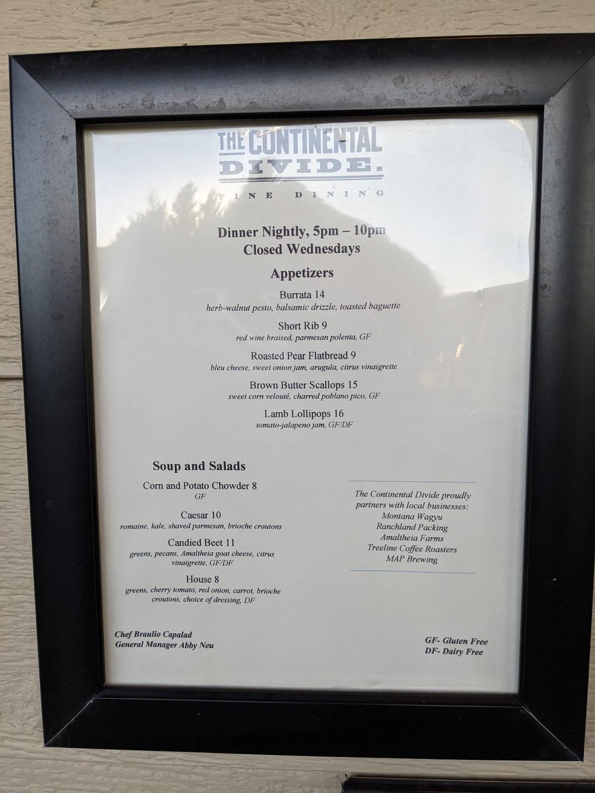 Menu at Continental Divide Restaurant, Ennis