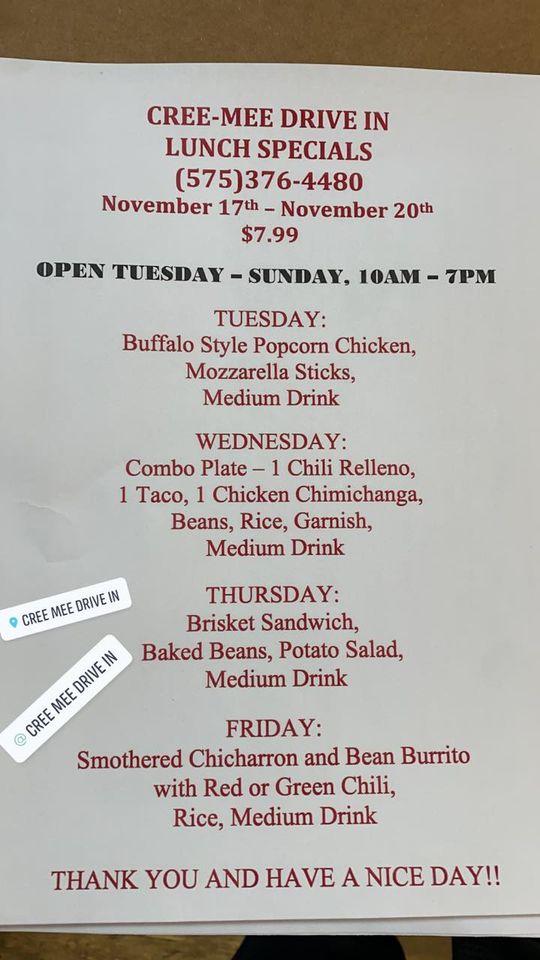 Menu at Cree-Mee Drive In restaurant, Cimarron, US-64