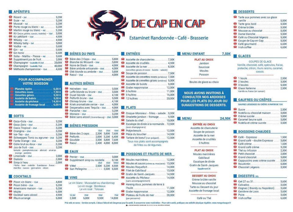 Menu at De Cap en Cap pub & bar, Audresselles