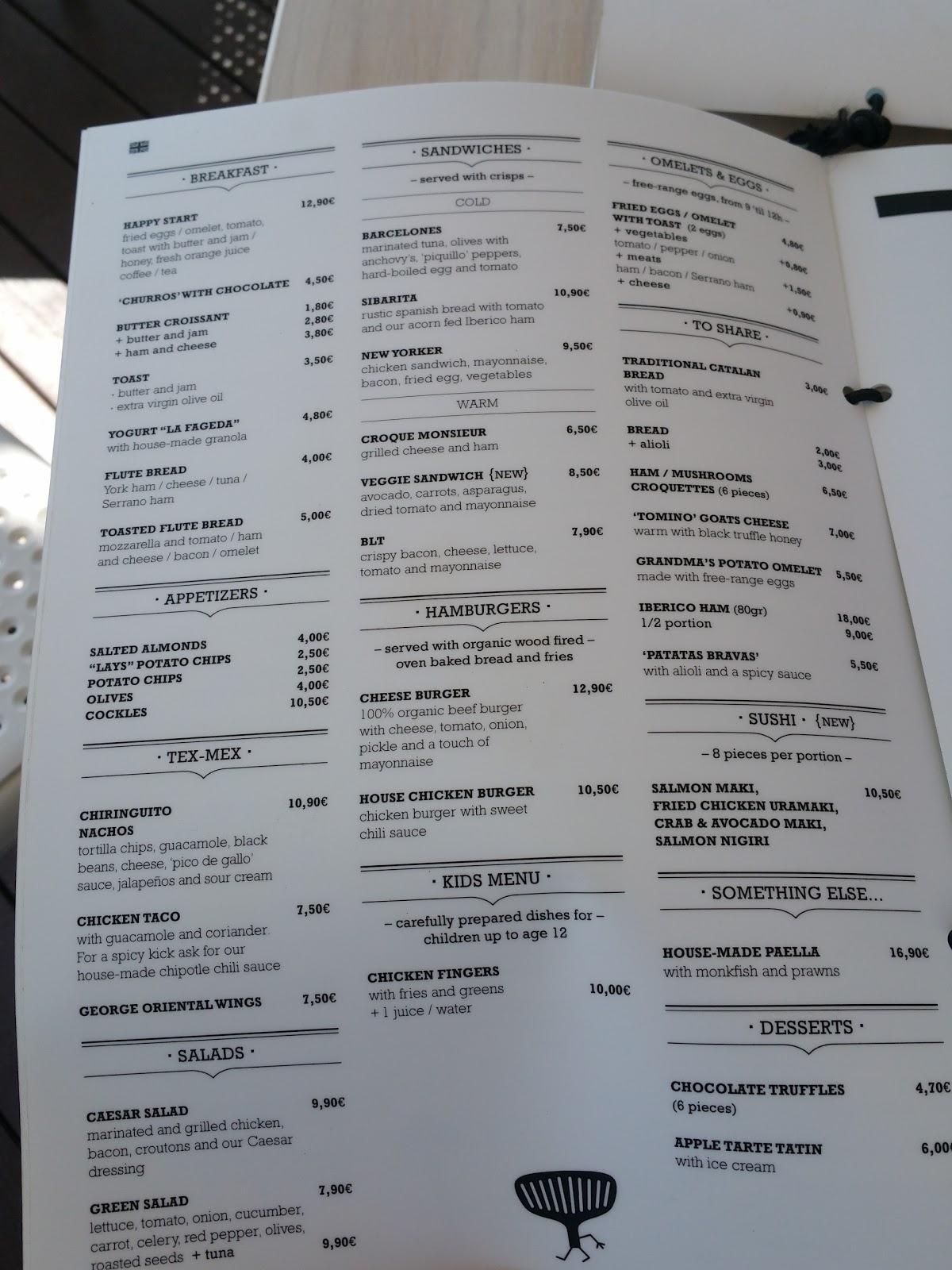 Menu at Bambú Beach Bar, Barcelona, Platja Llevant