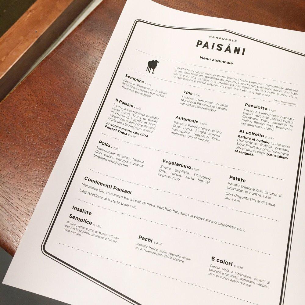 Menu at PAISÀNI hamburger italiani restaurant, Aversa