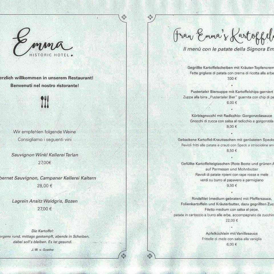 Menu at Hotel Emma, Niederdorf