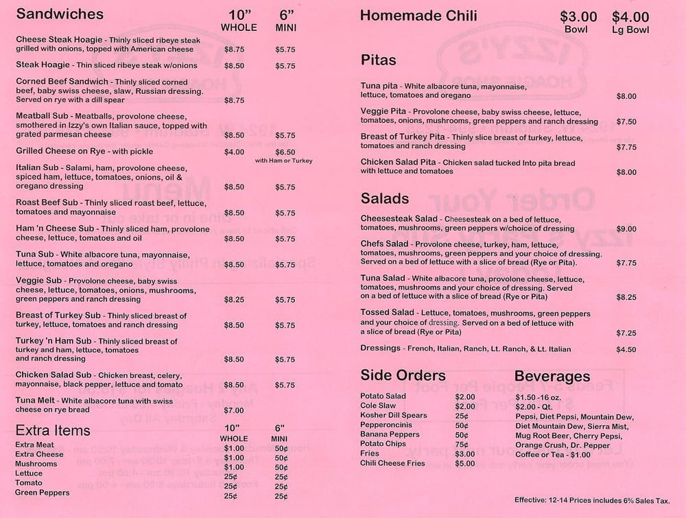 Menu at Izzy's Hoagie Shop restaurant, Ann Arbor