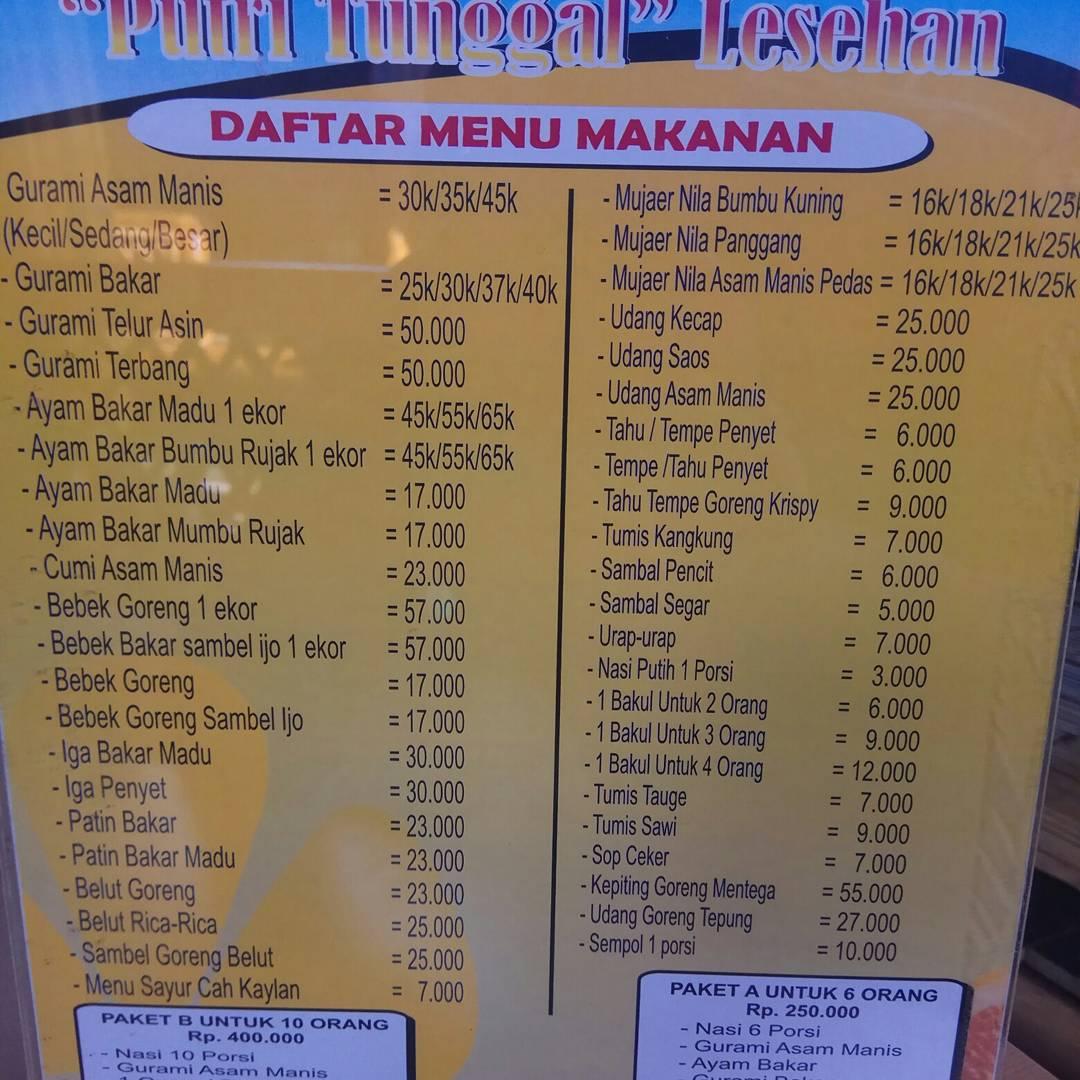 Menu at Lesehan PUTRI TUNGGAL restaurant, Mojosari