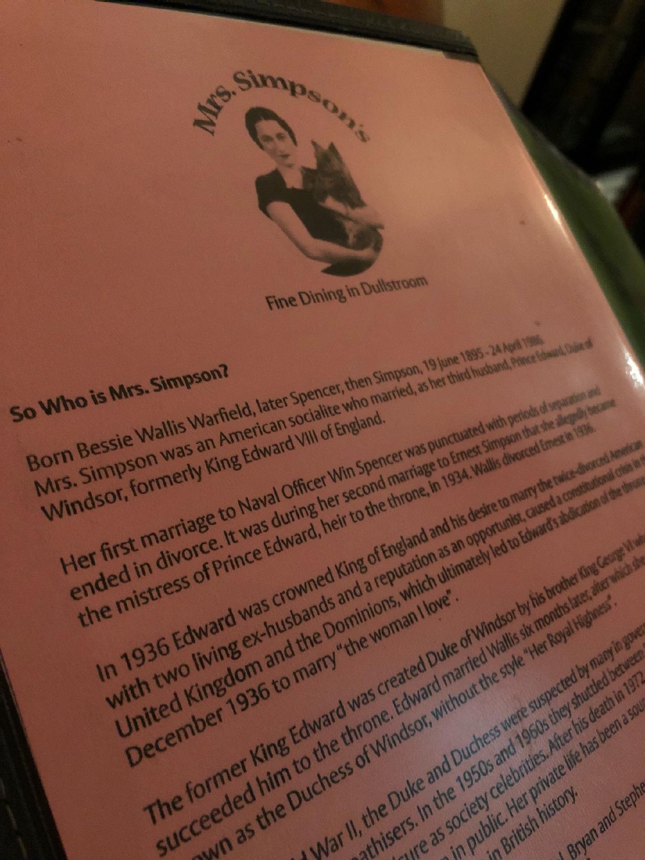 Menu at Mrs Simpsons restaurant, Dullstroom