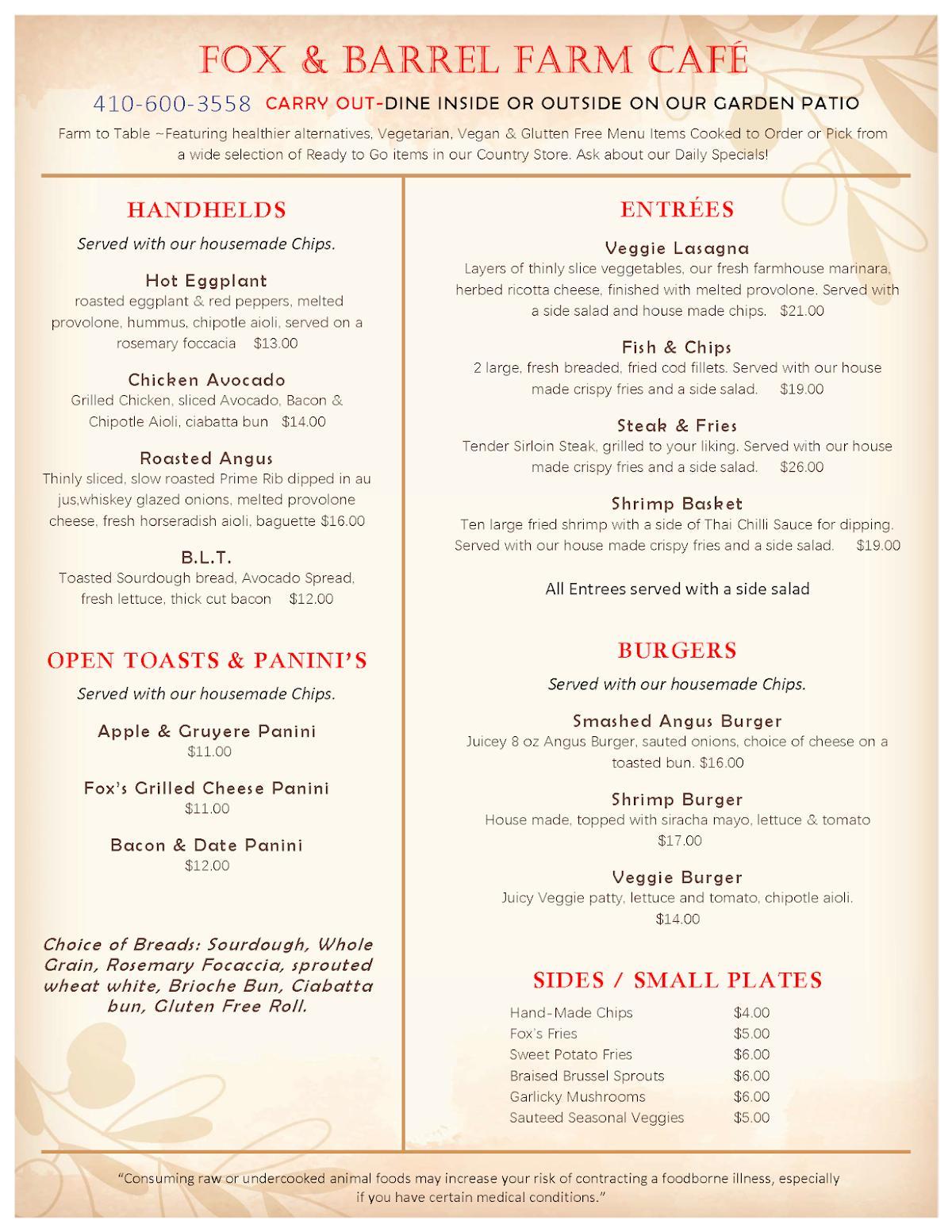 Menu at Fox & Barrel Farm Cafe, Ellicott City