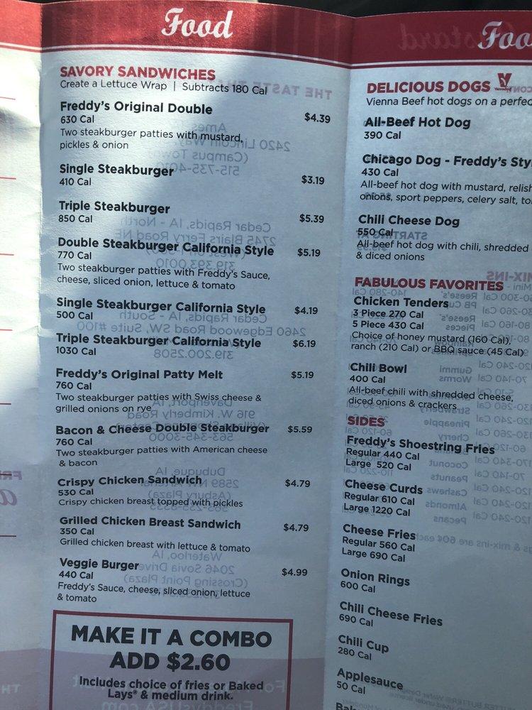 Menu at Freddy's Frozen Custard & Steakburgers fast food, Davenport