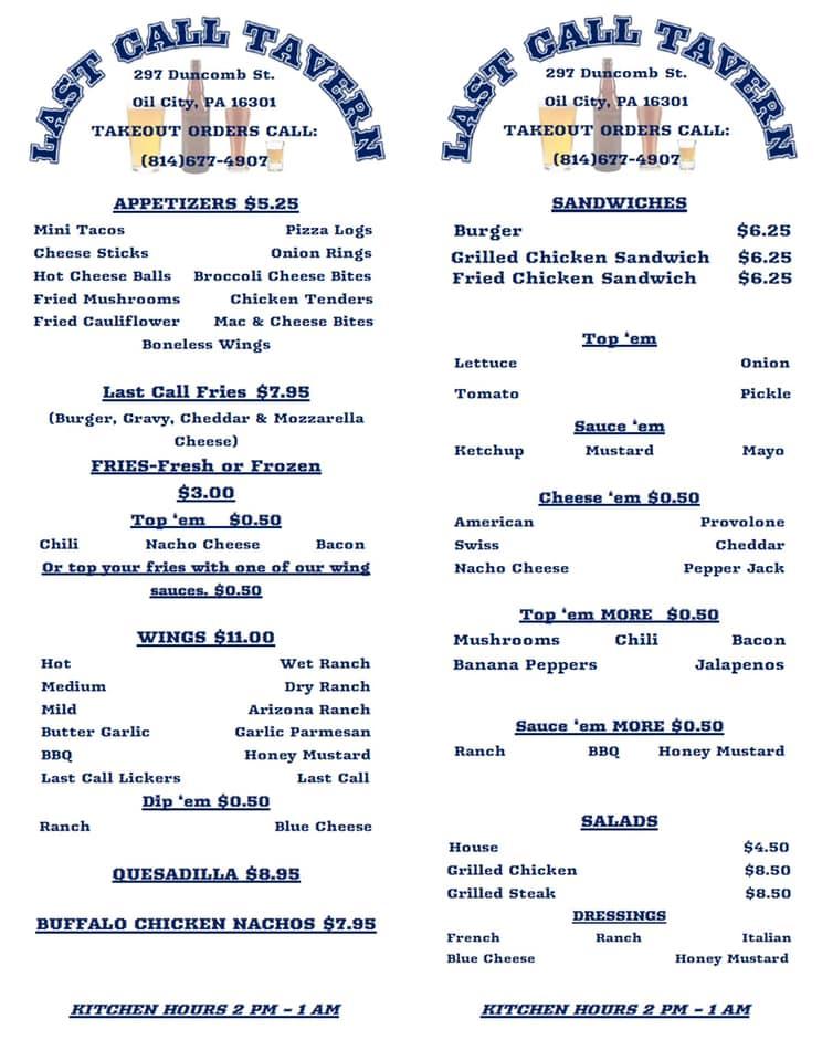 Menu at Last Call Tavern pub & bar, Oil City