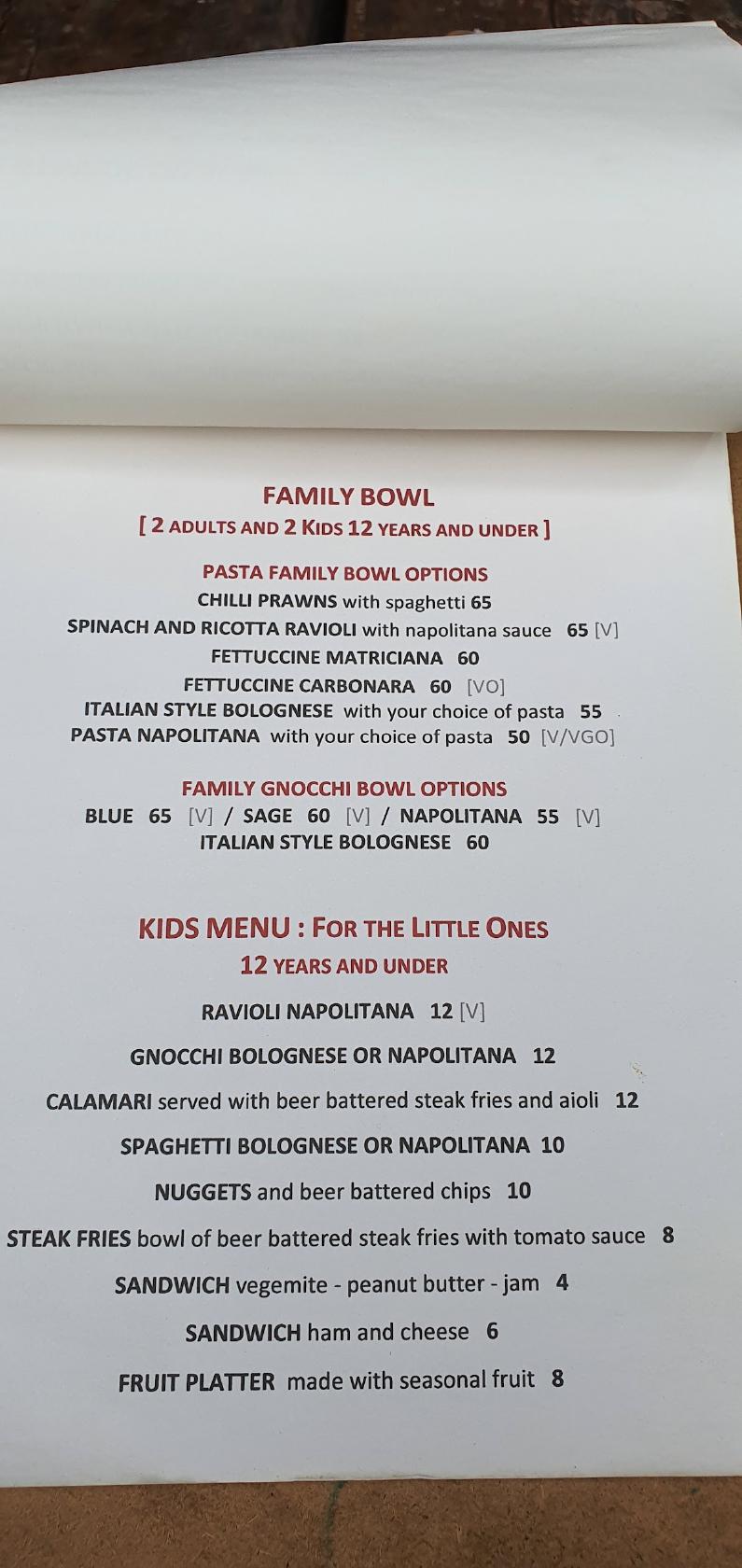 Menu at Lupo's Kiln Cafe, Myrtleford