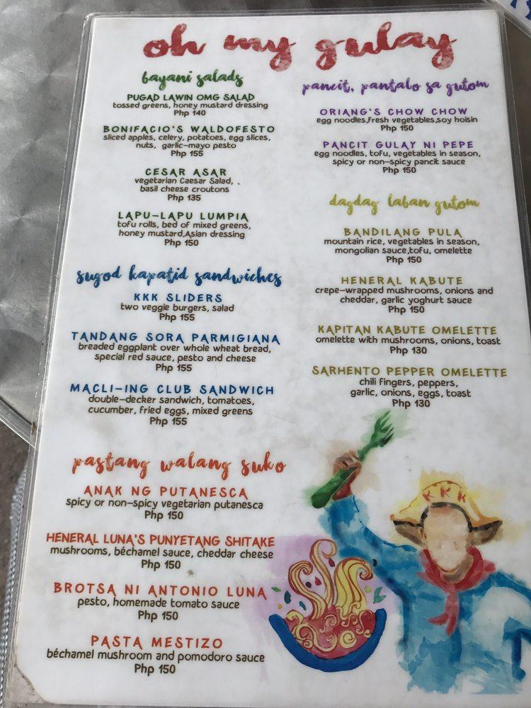 Menu at Oh My Gulay restaurant, Baguio