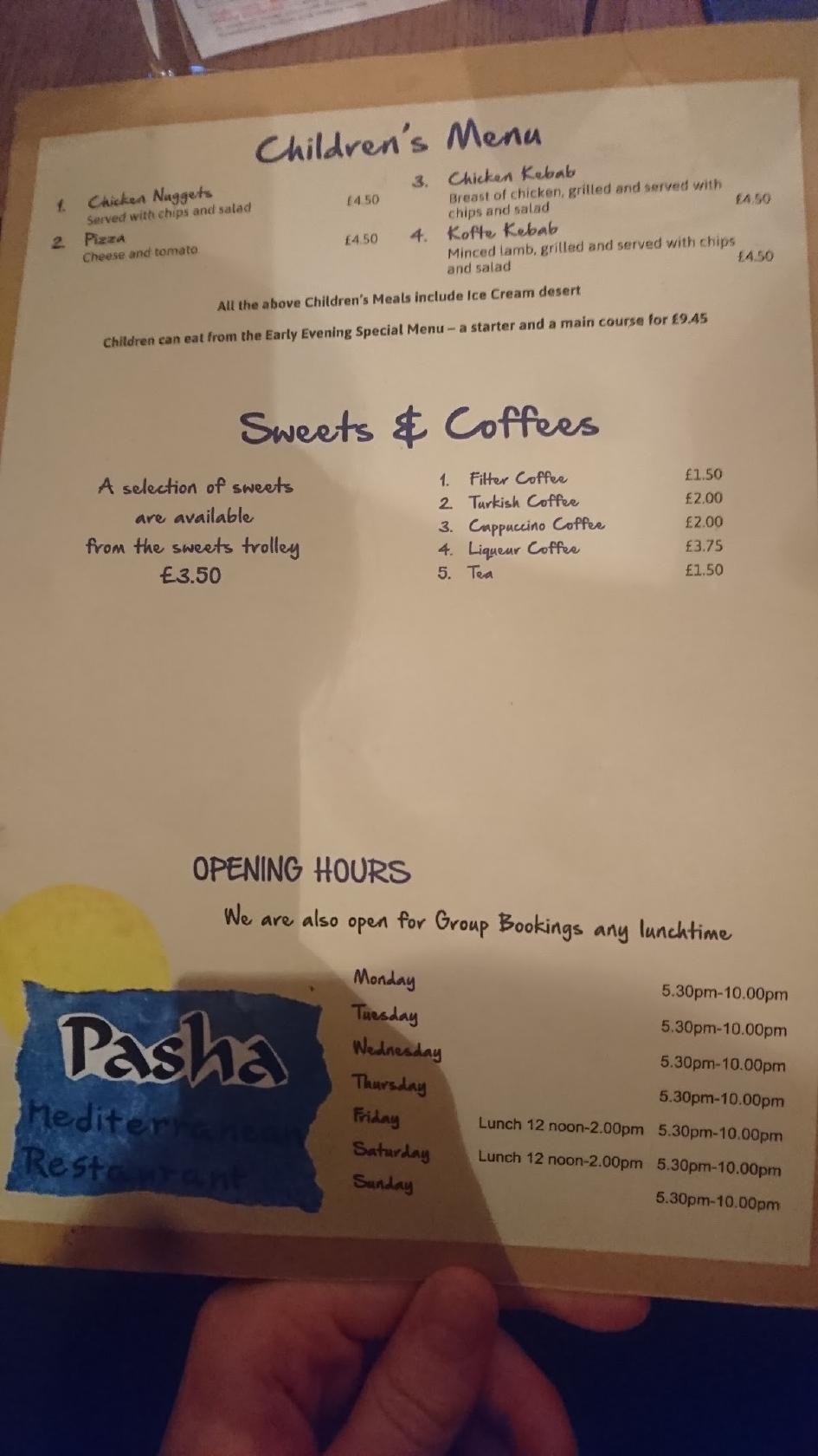 Menu at Pasha restaurant, Stockport, 179 London Rd